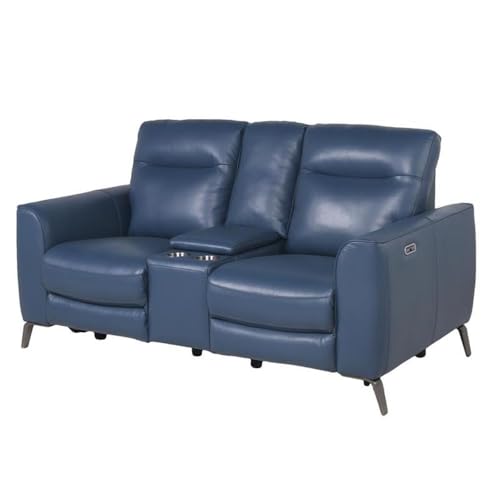 BOWERY HILL Ocean Blue Top Grain Leather Power Reclining Console Loveseat