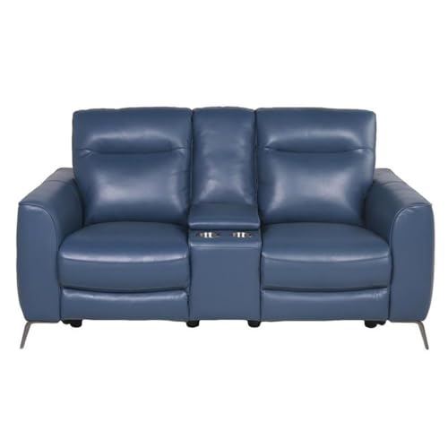 BOWERY HILL Ocean Blue Top Grain Leather Power Reclining Console Loveseat