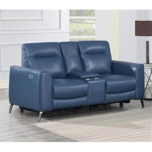 BOWERY HILL Ocean Blue Top Grain Leather Power Reclining Console Loveseat