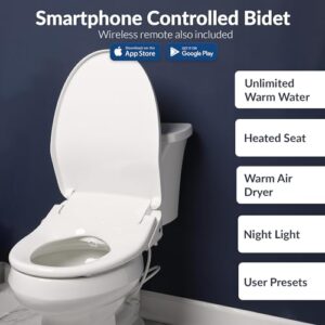 Bio Bidet BB1200 Smart Bidet Toilet App-Enabled iOS & Android Warm Water with Air Dryer, Heated Seat with Slow Close Lid, Remote Control, Elongated, White