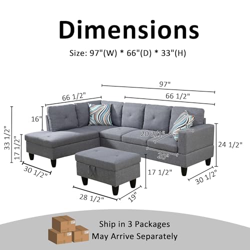 LostCat Sectional Sofa with Chaise, 97" W Modular Sectional Sofa, Modular Couch with Storage Ottoman, L Shaped Sofas & Couches, Linen U Shaped Sectional Couches for Living Room Furniture Sets, Grey