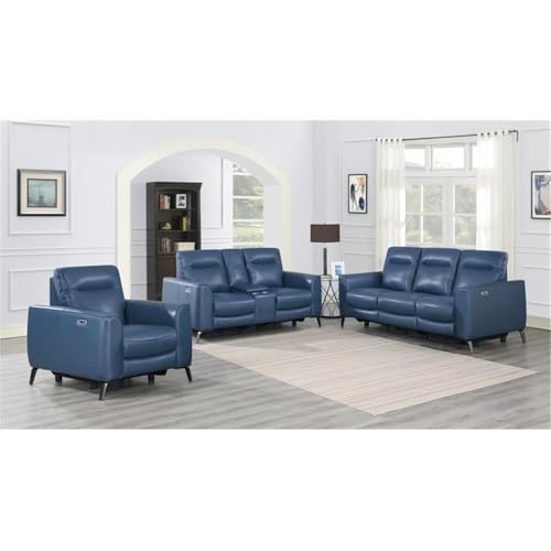 BOWERY HILL Ocean Blue Top Grain Leather Power Reclining Console Loveseat