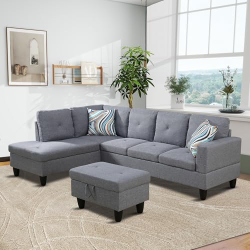 LostCat Sectional Sofa with Chaise, 97" W Modular Sectional Sofa, Modular Couch with Storage Ottoman, L Shaped Sofas & Couches, Linen U Shaped Sectional Couches for Living Room Furniture Sets, Grey