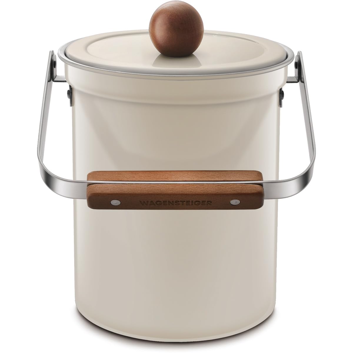 WAGENSTEIGER Kitchen Countertop Compost Bin 96 oz/3 Liter Airtight Lid SUS304 Premium Stainless Steel Odor-Free Food Waste Bin with Wooden Handle Stylish Design Modern Kitchen (Off-White)