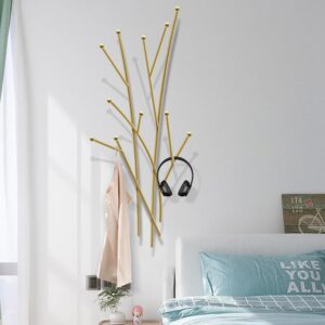 NOLLAM Coat Hooks Coat Hanger Wall Mount Metal Vertical Tree Branch Hat Rack Modern Wall Coat Tree Floating Coat Hook for Entryway Bedroom Bag Hat Rack, 80x31x14cm, Gold