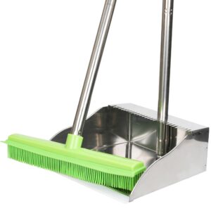 rubber broom and dustpan set,pet hair removal rubber broom with squeegee and stainless steel dust pan,carpet rake push broom and dustpan for fluff hardwood floor tile (green)