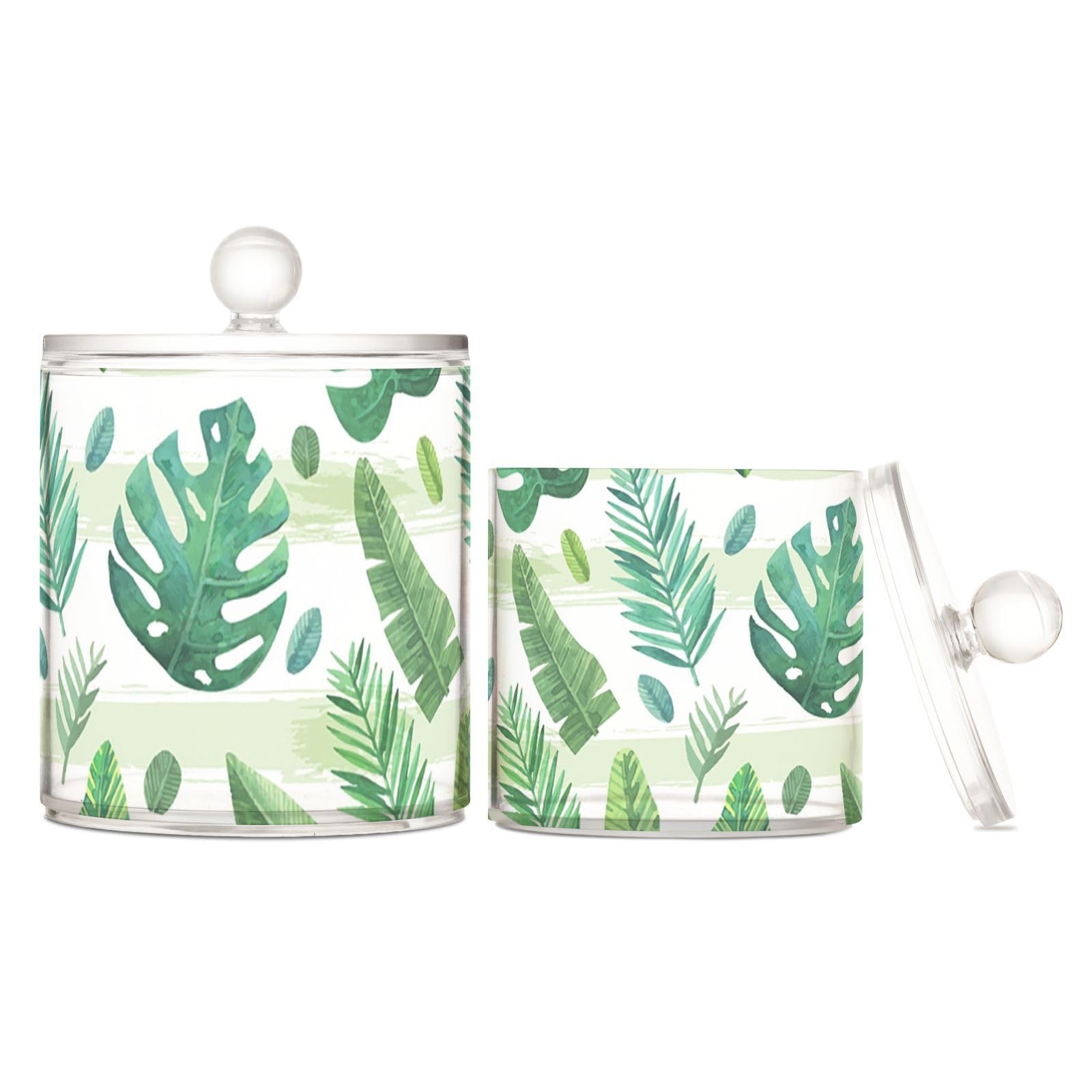 Tatenale Qtip Holder with Lid Apothecary Jars with Lids Cotton Swab Holder Dispenser for Storage Organizers Bathroom Accessories Set Cotton Ball Swab,Floss Picks 2 Pack Green Palm Leaves