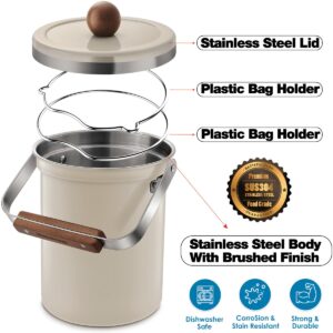 WAGENSTEIGER Kitchen Countertop Compost Bin 96 oz/3 Liter Airtight Lid SUS304 Premium Stainless Steel Odor-Free Food Waste Bin with Wooden Handle Stylish Design Modern Kitchen (Off-White)