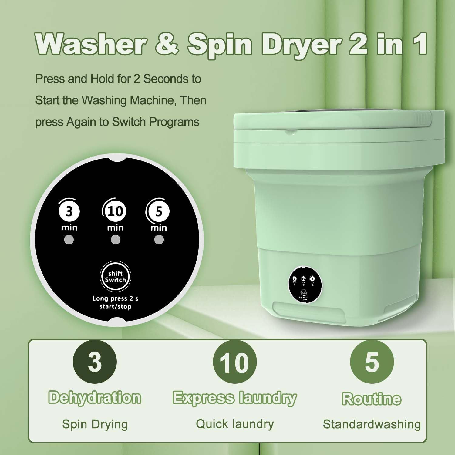 Portable Washing Machine, 11L Large Capacity, Mini Foldable Washing Machine with Spin Dryer, Small Collapsible Laundry Washer for Travel, Apartment, RV, Underwears, Socks, Baby Clothes, Green