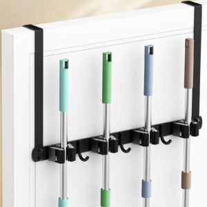 lovzen broom holder over the door, mop and broom holder wall mount or hanging over the door with hooks, broom hanger, broom storage, tool organizer for garage closet laundry 1pcs