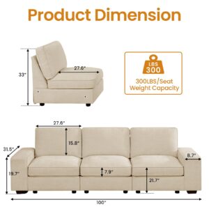 COHOME 100" Sectional Couch with Storage, Chenille Comfy Upholstered Couch for Living Room,3 Seater Free Combination Modular Sofa Couch with Deep Seat,Beige