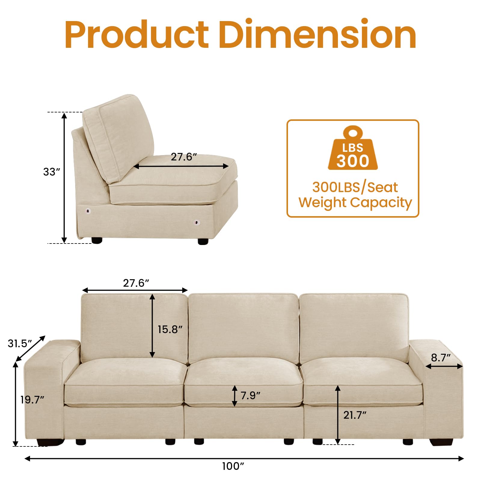 COHOME 100" Sectional Couch with Storage, Chenille Comfy Upholstered Couch for Living Room,3 Seater Free Combination Modular Sofa Couch with Deep Seat,Beige