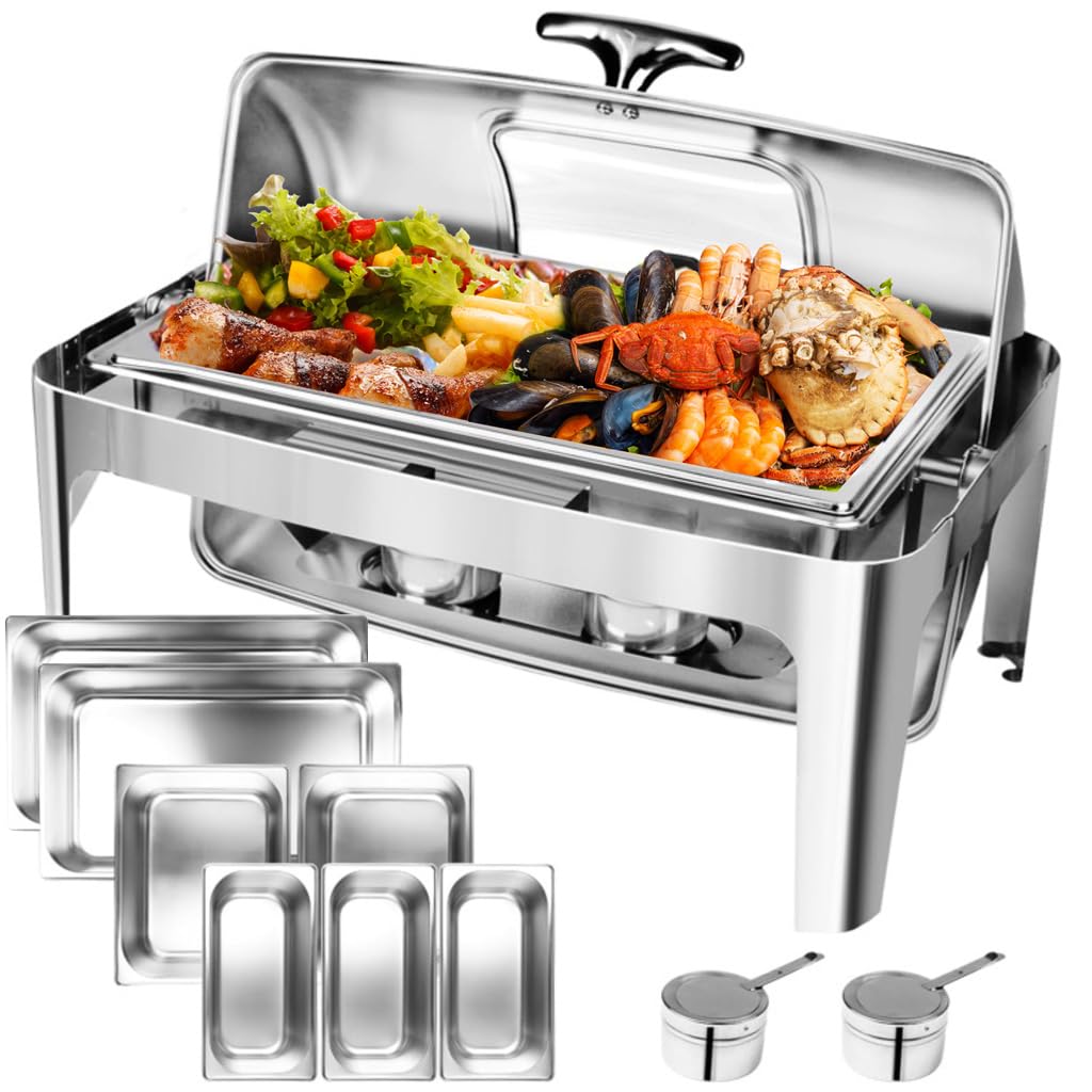 Umisu 9.46 Qt Roll Top Chafing Dish Buffet Set with Visible Glass Lid, Stainless Steel Chafing Dishes for Buffet, Chafers and Buffet and Warmers Set for Weddings, Hotels and Parties