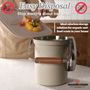 WAGENSTEIGER Kitchen Countertop Compost Bin 96 oz/3 Liter Airtight Lid SUS304 Premium Stainless Steel Odor-Free Food Waste Bin with Wooden Handle Stylish Design Modern Kitchen (Off-White)