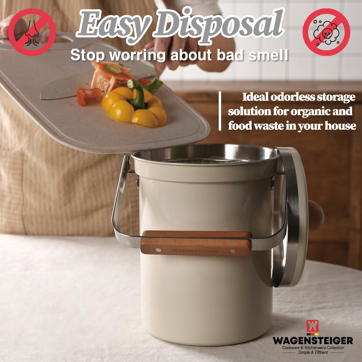 WAGENSTEIGER Kitchen Countertop Compost Bin 96 oz/3 Liter Airtight Lid SUS304 Premium Stainless Steel Odor-Free Food Waste Bin with Wooden Handle Stylish Design Modern Kitchen (Off-White)