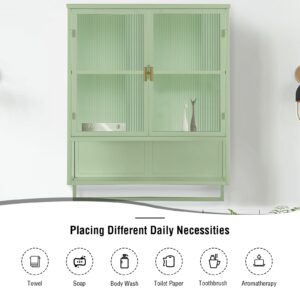 VKTO Bathroom Wall Cabinet with 2 Glass Door, Over The Toilet Storage Metal Hanging Cabinet with Towels Bar and Shelves, Medicine Cabinet for Bathroom Laundry Room Kitchen (Green)