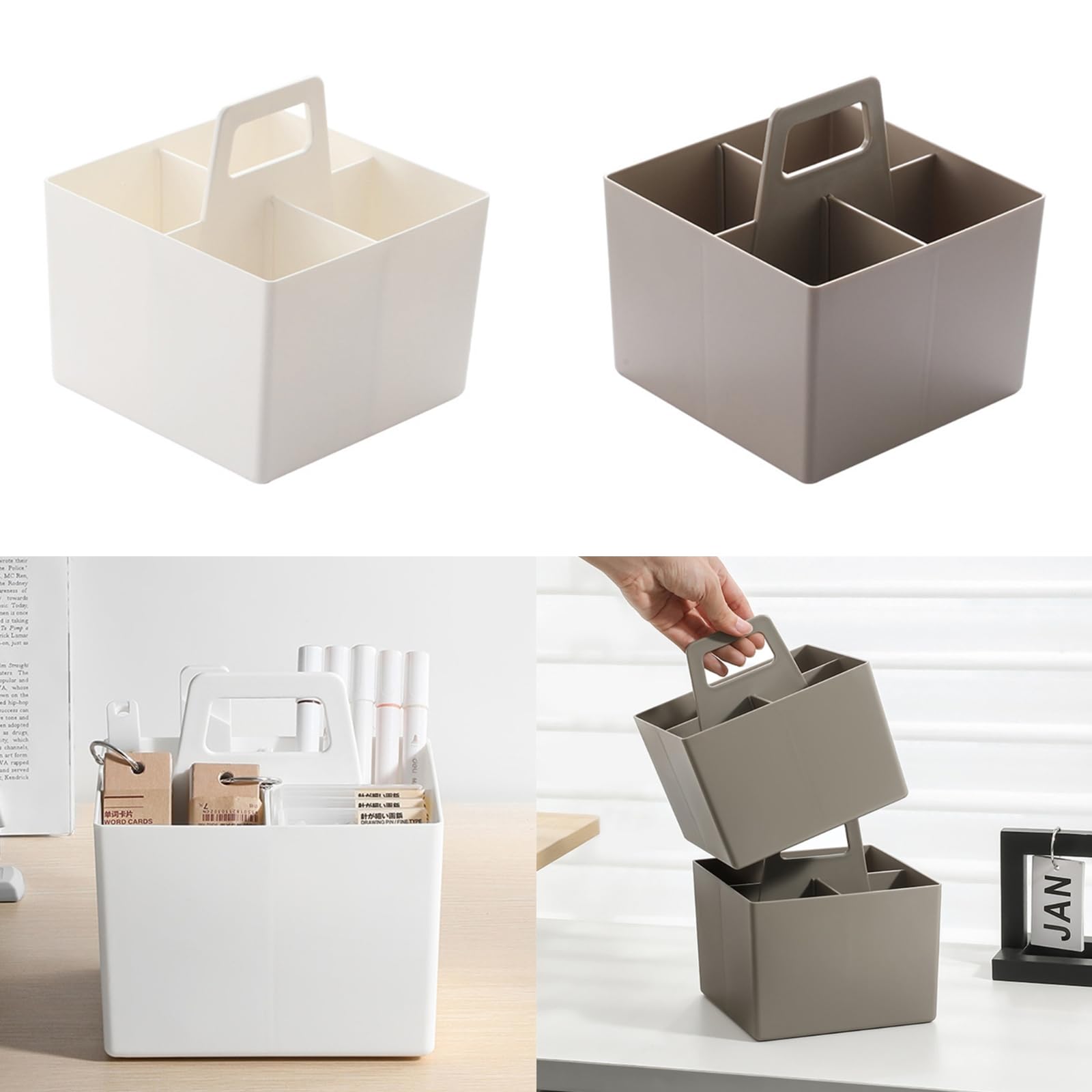 HUIFACAI Square Rectangular Stackable Desktop Storage Organizer Divided Basket Bin 4 Compartments 5 Compartments Adjustable Partition Storage Box With Handle, White, 5 points