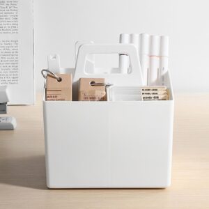 HUIFACAI Square Rectangular Stackable Desktop Storage Organizer Divided Basket Bin 4 Compartments 5 Compartments Adjustable Partition Storage Box With Handle, White, 5 points