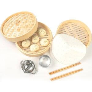 dumpling bamboo steamer for cooking with a lid 10 inch 2 | tier wooden basket with 2 pair of chopsticks | bun steamer basket | 1 dumpling maker, sauce dishes, and 20 liners | food steamer basket