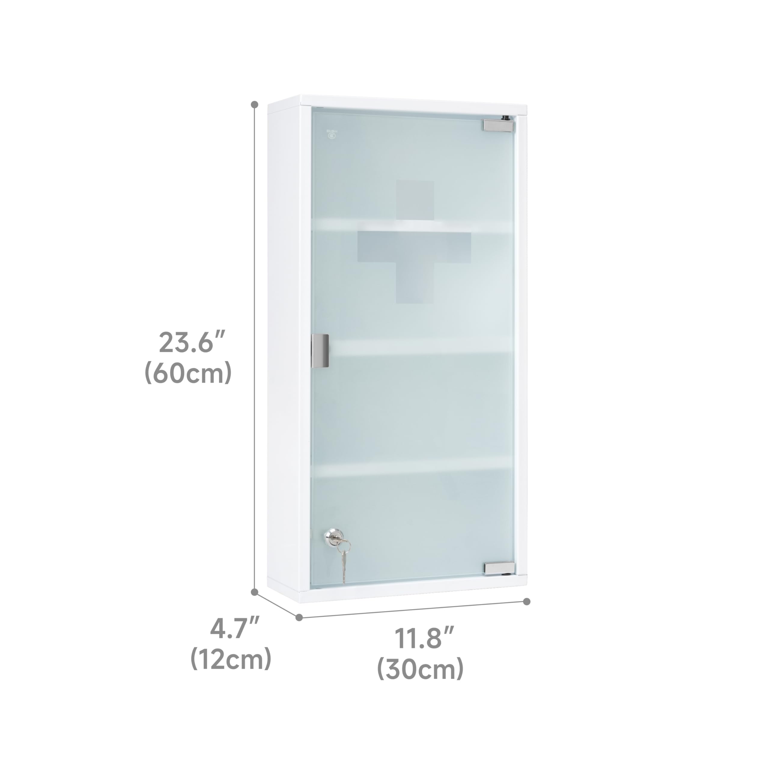 Mount Brook Locking Medicine Cabinet - Wall Mountable Medicine Cabinet with Lock, White Metal Cabinet, Frosted Glass Door with First Aid Cross Sign, 4 Shelves, Magnetic Catch