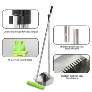 Rubber Broom and Dustpan Set,Pet Hair Removal Rubber Broom with Squeegee and Stainless Steel Dust Pan,Carpet Rake Push Broom and Dustpan for Fluff Hardwood Floor Tile (Green)