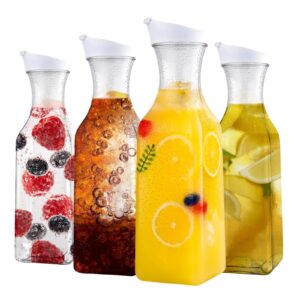 set of 4 plastic carafe with lid, 50 oz carafes for mimosa bar, square base juice containers, water bottle, milk container, clear beverage containers for fridge