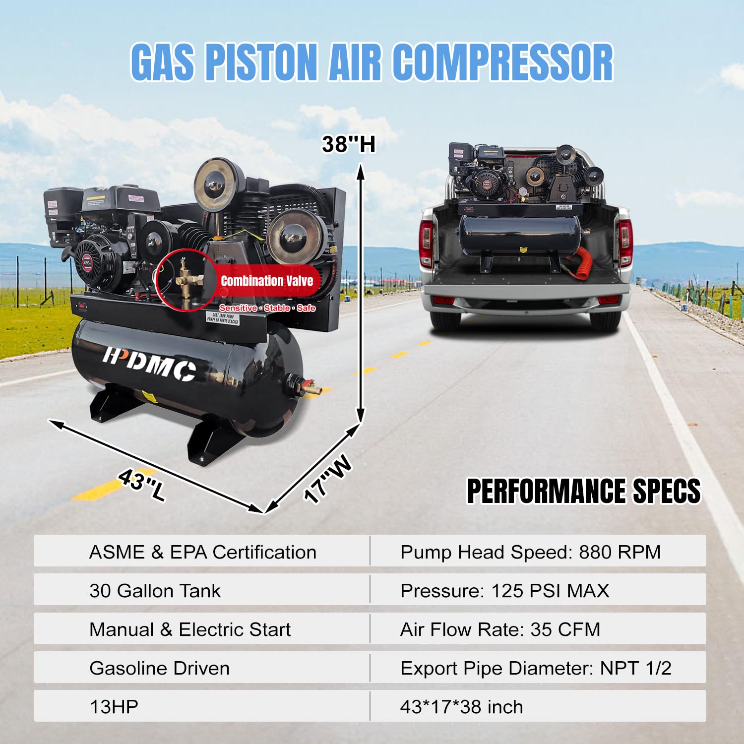 HPDMC 13HP Gas Powered Air Compressor 35CFM Electric Start Gasoline Driven Piston Pump Air Compressed System with 125PSI Max. Pressure and 30 Gal ASME Tank for Workshop, Construction Sites, Machinery