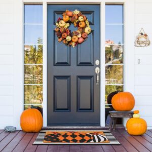 Honoson 2 Pcs Fall Welcome Doormat Thanksgiving Pumpkin Outdoor Door Mat Black White Striped Rug with Autumn Imitation Coir Mats Home Front Porch Door Entryway Decor