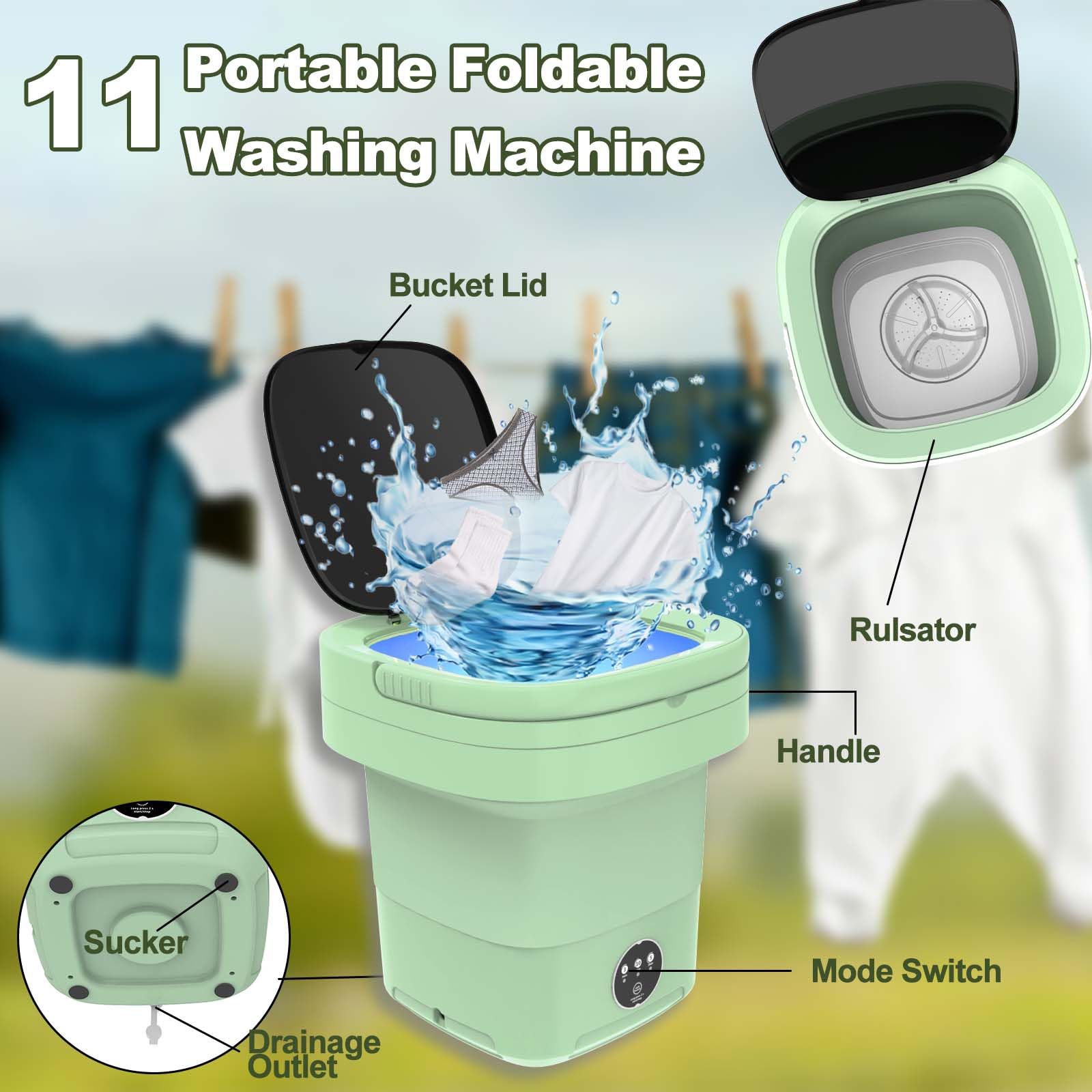 Portable Washing Machine, 11L Large Capacity, Mini Foldable Washing Machine with Spin Dryer, Small Collapsible Laundry Washer for Travel, Apartment, RV, Underwears, Socks, Baby Clothes, Green