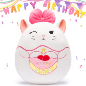 playnics large happy birthday cat plush pillow stuffed animal toy,14" big size cute soft fat hugging cuddle huggable plushie,gift for kids