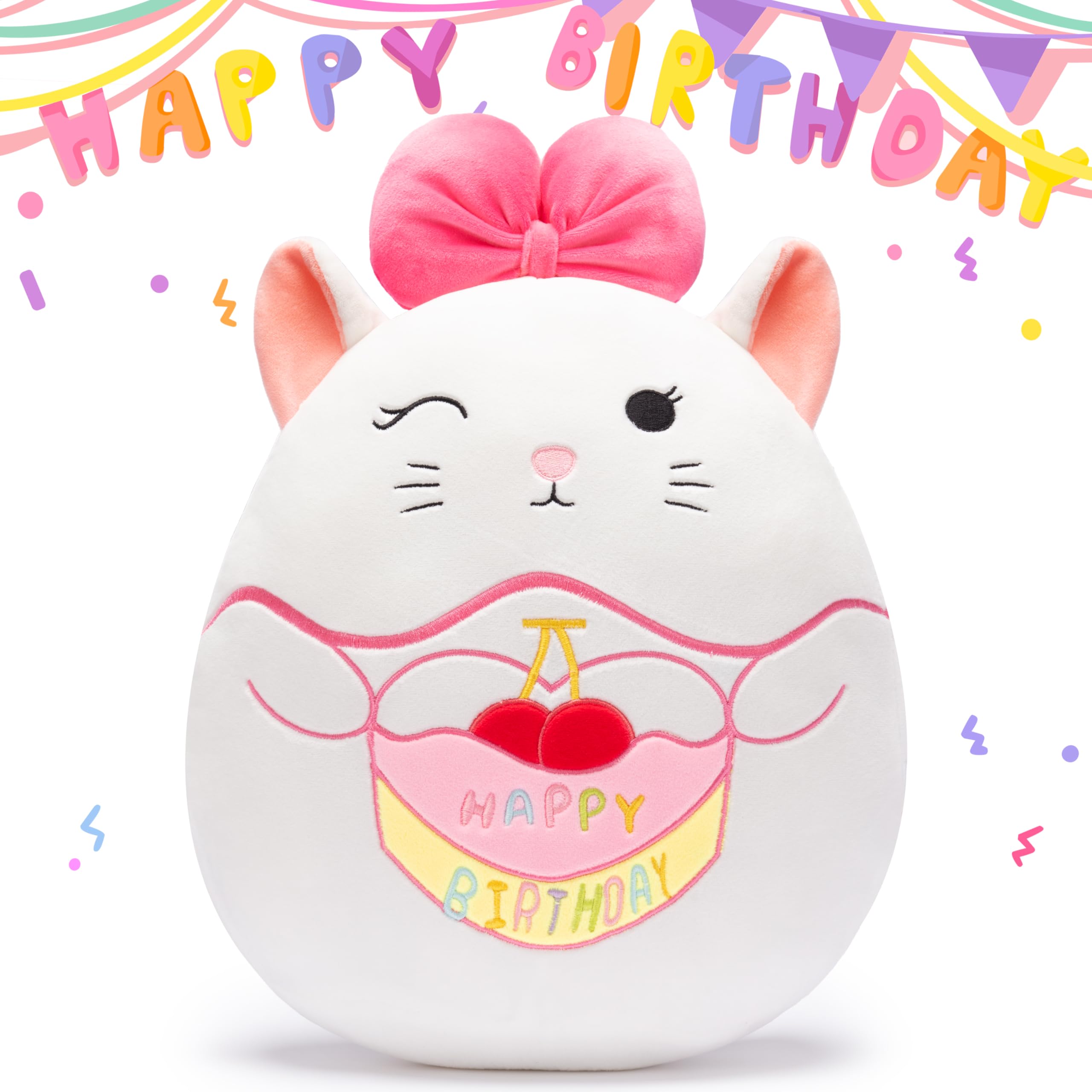 PLAYNICS Large Happy Birthday Cat Plush Pillow Stuffed Animal Toy,14" Big Size Cute Soft Fat Hugging Cuddle Huggable Plushie,Gift for Kids