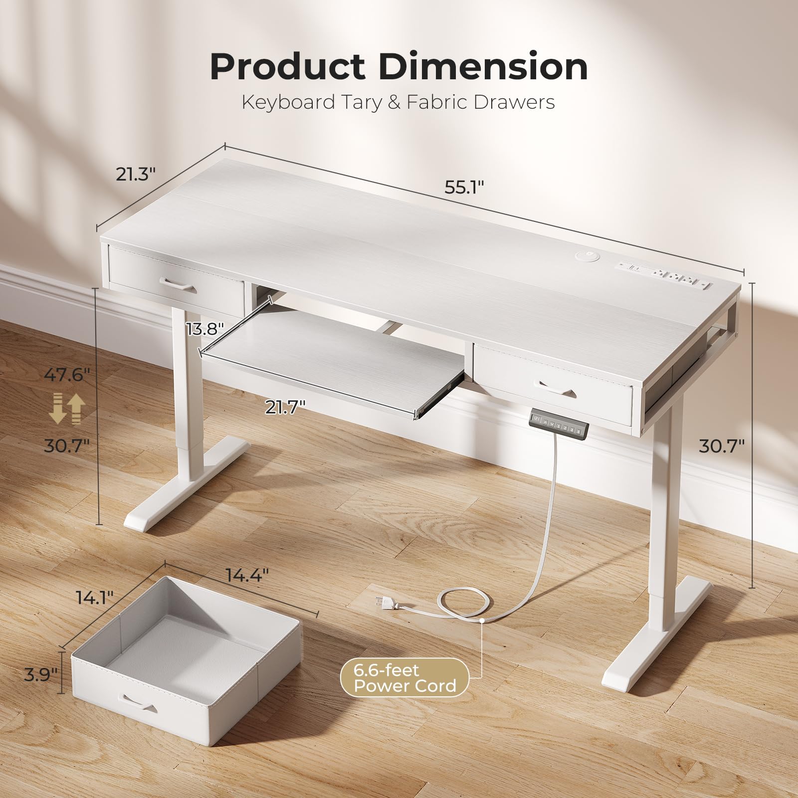 AODK Electric Standing Desk with Drawers & Keyboard Tray, 55 Inch Height Adjustable Desk with Power Outlets, Sit Stand Table, Writing Computer Desk for Home, Office, Workstation, White