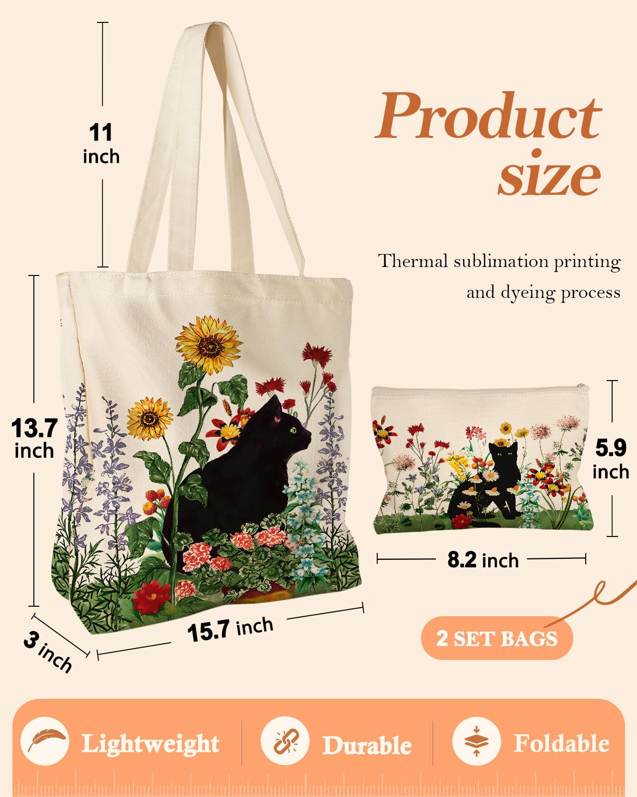 Miss Adola Aesthetic 2 Set Canvas Tote Bag - with Cosmetic Makeup Zipper Pouch Bag for Women Cloth Cotton Tote Bag for Shopping, Gym, Work, Travel, Vacation, Grass Cat