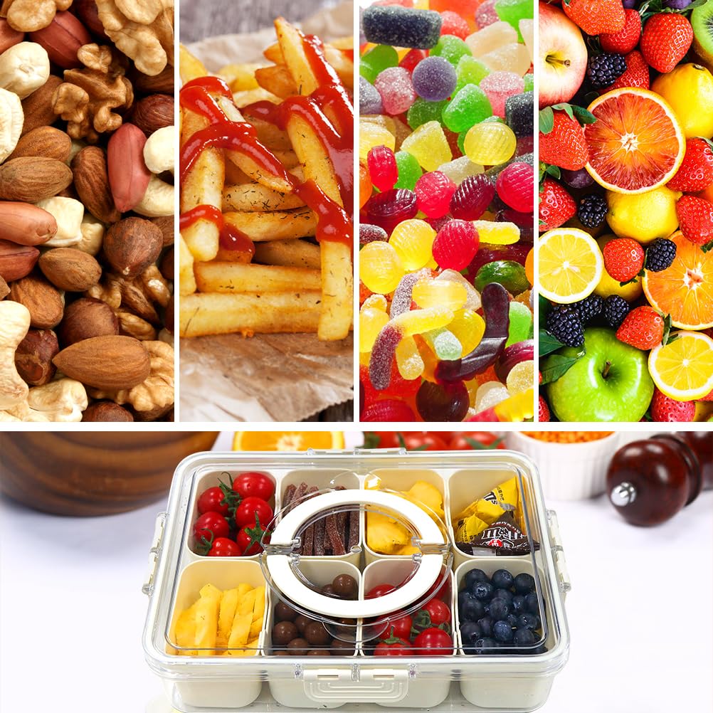 Divided Serving Tray with Lid and Handle - 8 Compartment Snackle Box Charcuterie Container, Food Container,Snack Tackle Box,Clear Snack Organizer Travel,For Party,Road Trips,Picnic,Sport Games 1pack