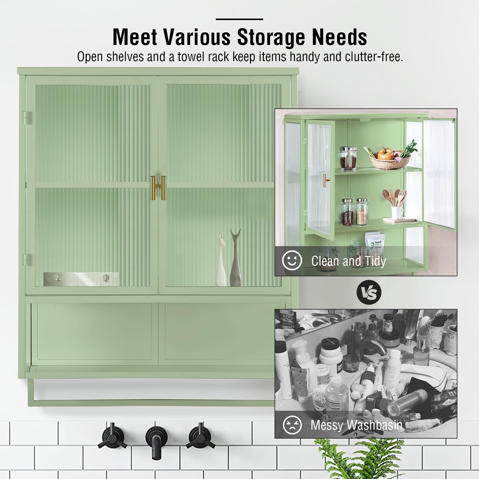 VKTO Bathroom Wall Cabinet with 2 Glass Door, Over The Toilet Storage Metal Hanging Cabinet with Towels Bar and Shelves, Medicine Cabinet for Bathroom Laundry Room Kitchen (Green)