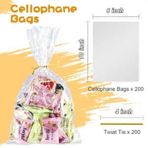 Cherodada 6"x 10", 200Pcs Cellophane Treat Bags with Twist Ties for Gift Wrapping, Wrapping Candies, Cookies, Chocolates, Popcorn