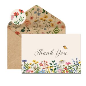 24 pack floral thank you cards with envelopes - bulk vintage flower greeting cards with kraft envelope sticker retro floral blank note cards - for birthday wedding baby shower bridal shower, 4 x 6 inch