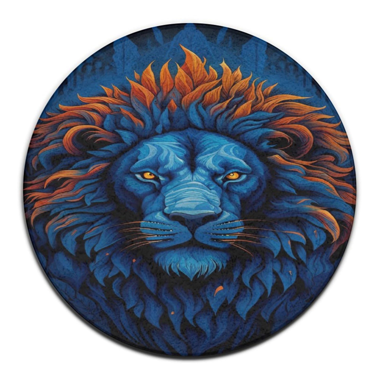 Modern Round Rug African Flaming Lion Blue Art Office Computer Chair Cozy Floor Mat Area Rugs Home Decor Soft Carpets Play Rug, Diameter 24inch 36inch 60inch