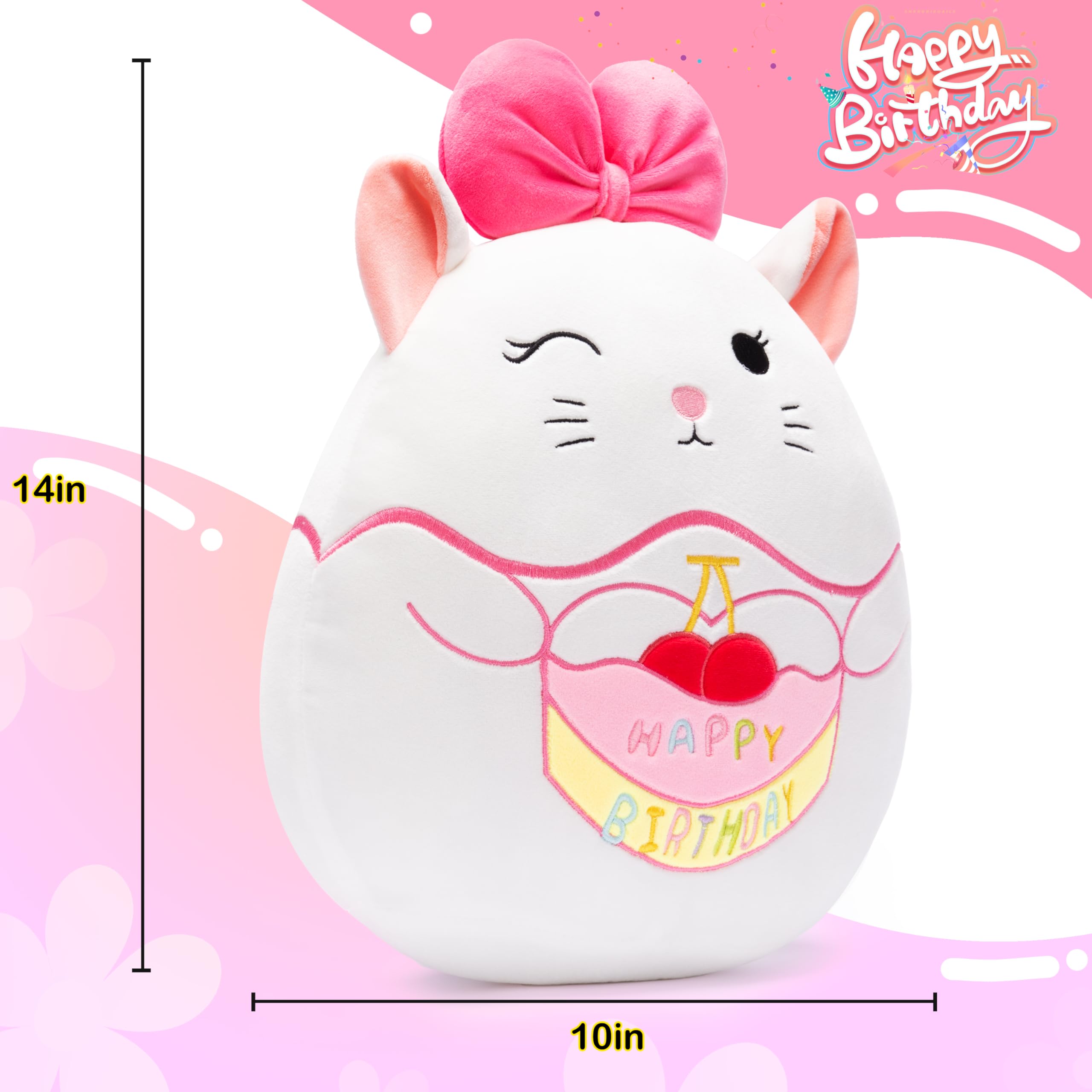 PLAYNICS Large Happy Birthday Cat Plush Pillow Stuffed Animal Toy,14" Big Size Cute Soft Fat Hugging Cuddle Huggable Plushie,Gift for Kids