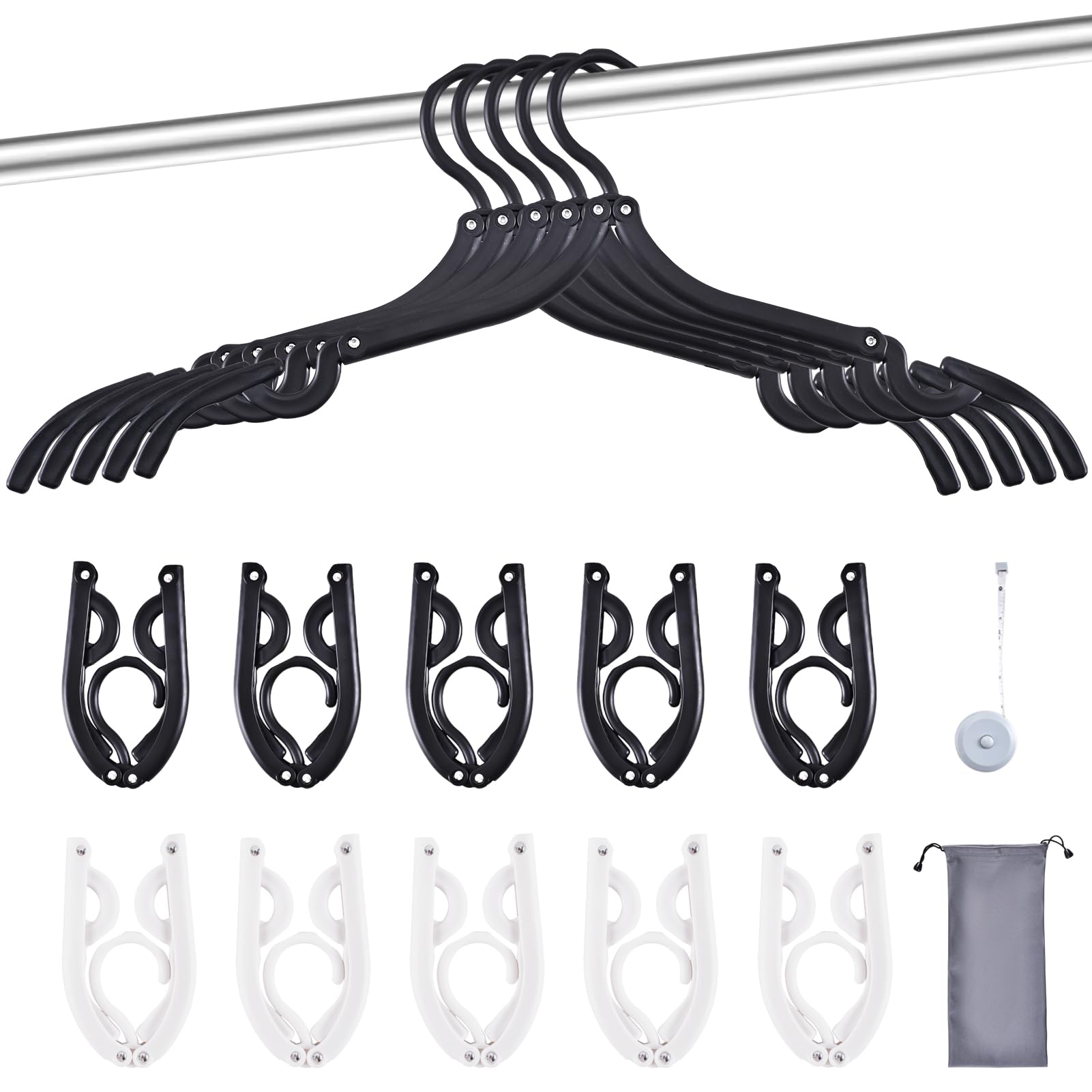 Sazfli Travel Folding Hangers, 10-Pack, Black & White, Portable and Durable PP+Aluminum Alloy, Space-Saving, Non-Slip Design, Perfect for Travel, Camping, and Home Use