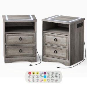 nightstand with strip lights,usb outlets set of 2, night stand with drawers, accent bed side table and end table with open storage for bedroom, living room,gray