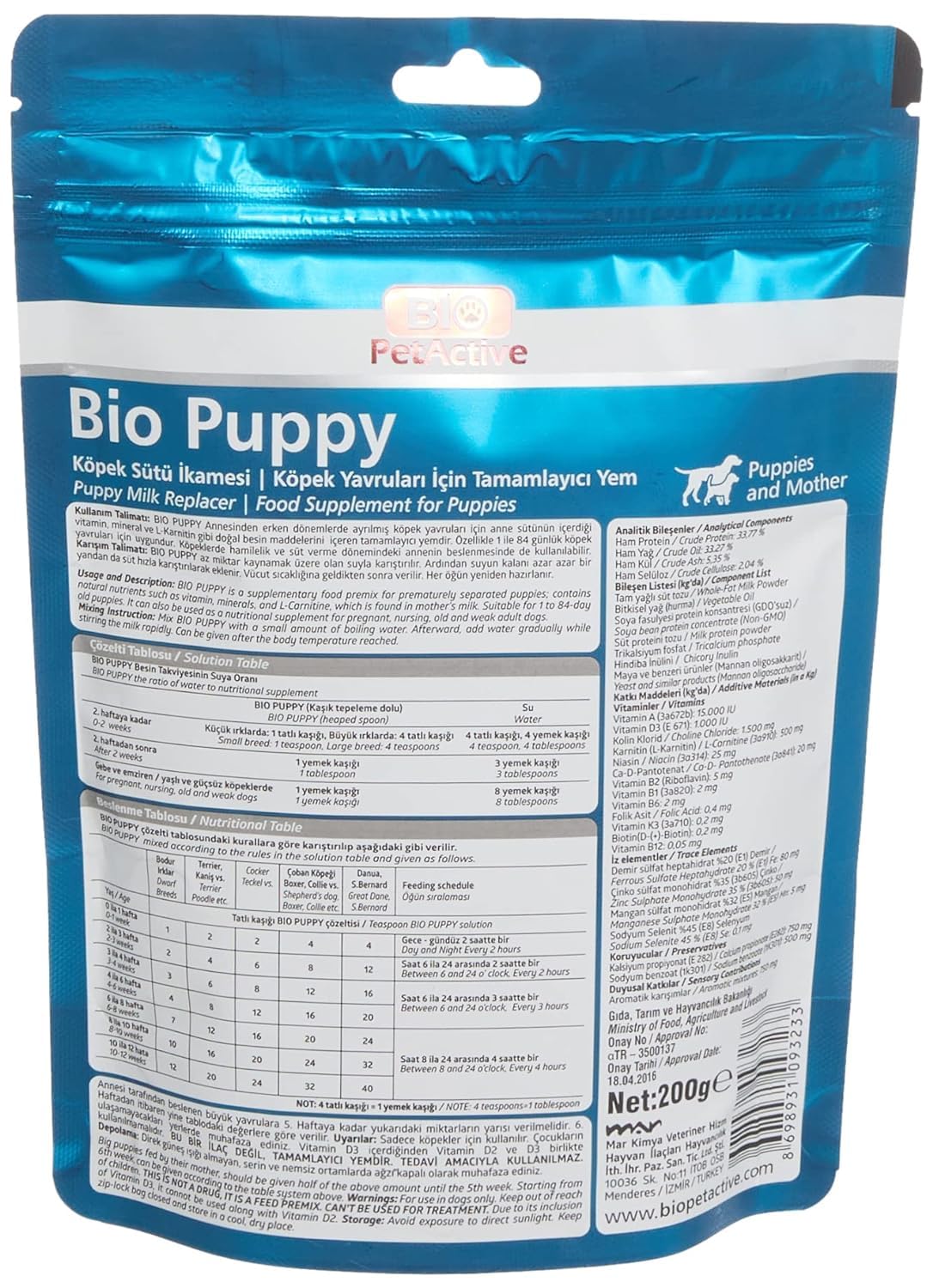 Bio Pet Active Bio Puppy Milk Replacement Powder, Supplemental Feed for Puppies 1-84 Days, Powdered Puppy Weaning Formula with Vitamins Minerals L-Carnitine, 7.05 oz