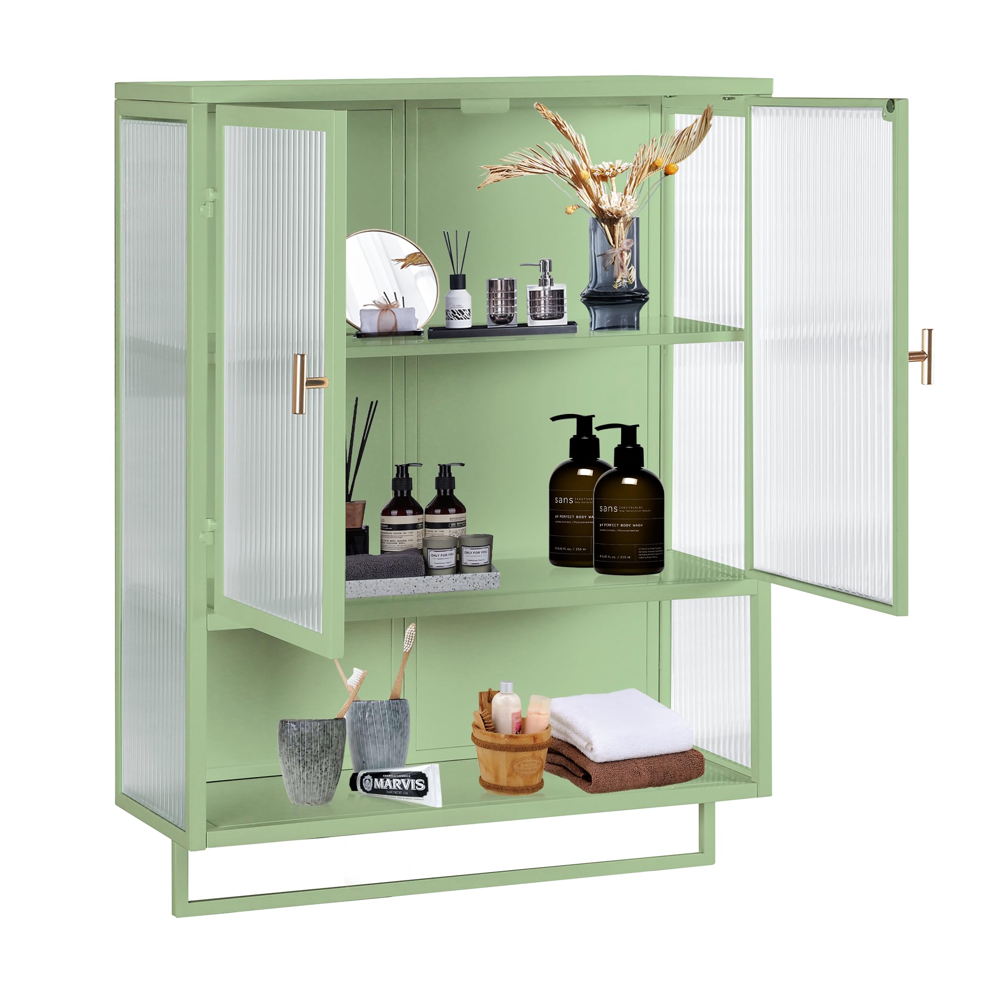 VKTO Bathroom Wall Cabinet with 2 Glass Door, Over The Toilet Storage Metal Hanging Cabinet with Towels Bar and Shelves, Medicine Cabinet for Bathroom Laundry Room Kitchen (Green)