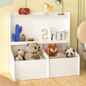 azheruol cubby toy storage cabinet 3 tier wooden children bookcase,toy and book storage organizer shelf for playroom, bedroom, living room, nursery, school (white)