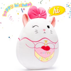 PLAYNICS Large Happy Birthday Cat Plush Pillow Stuffed Animal Toy,14" Big Size Cute Soft Fat Hugging Cuddle Huggable Plushie,Gift for Kids