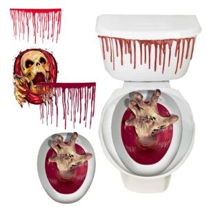 2 sheets halloween toilet lid stickers 3d horror skull bathroom wall decals diy scary home decor bathroom screaming bloody dark creatures decoration poster for halloween punk party supplies