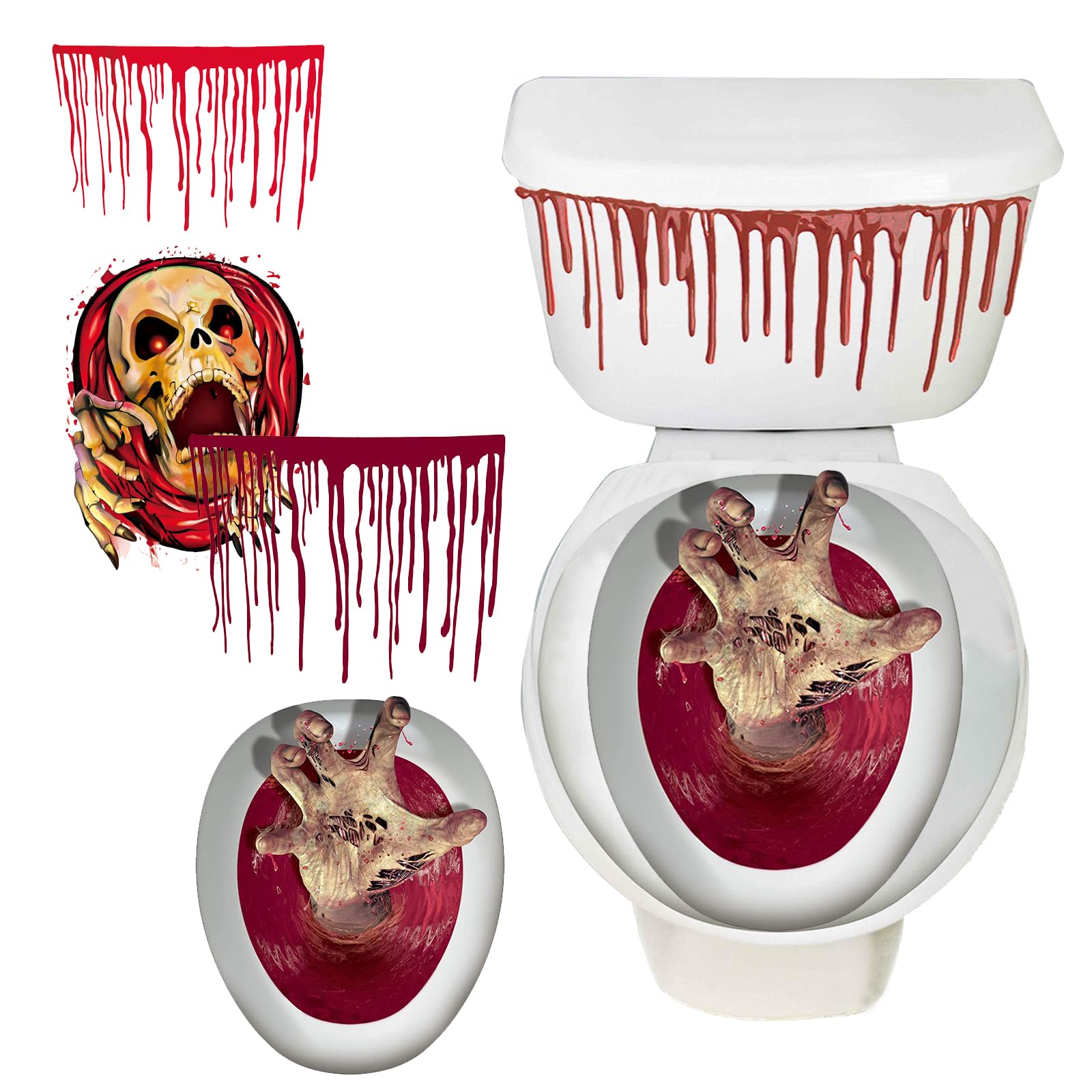 2 Sheets Halloween Toilet Lid Stickers 3D Horror Skull Bathroom Wall Decals DIY Scary Home Decor Bathroom Screaming Bloody Dark Creatures Decoration Poster for Halloween Punk Party Supplies