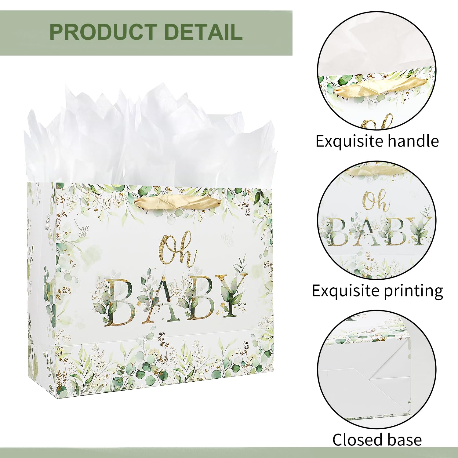 Foxrush 2 Sets of 13" Sage Green Baby Shower Decorations Giftware Bags with Handle, Tissue Papers and Greeting Card for Baby Shower, Giftware Bags for Newborn, Prospective Parents