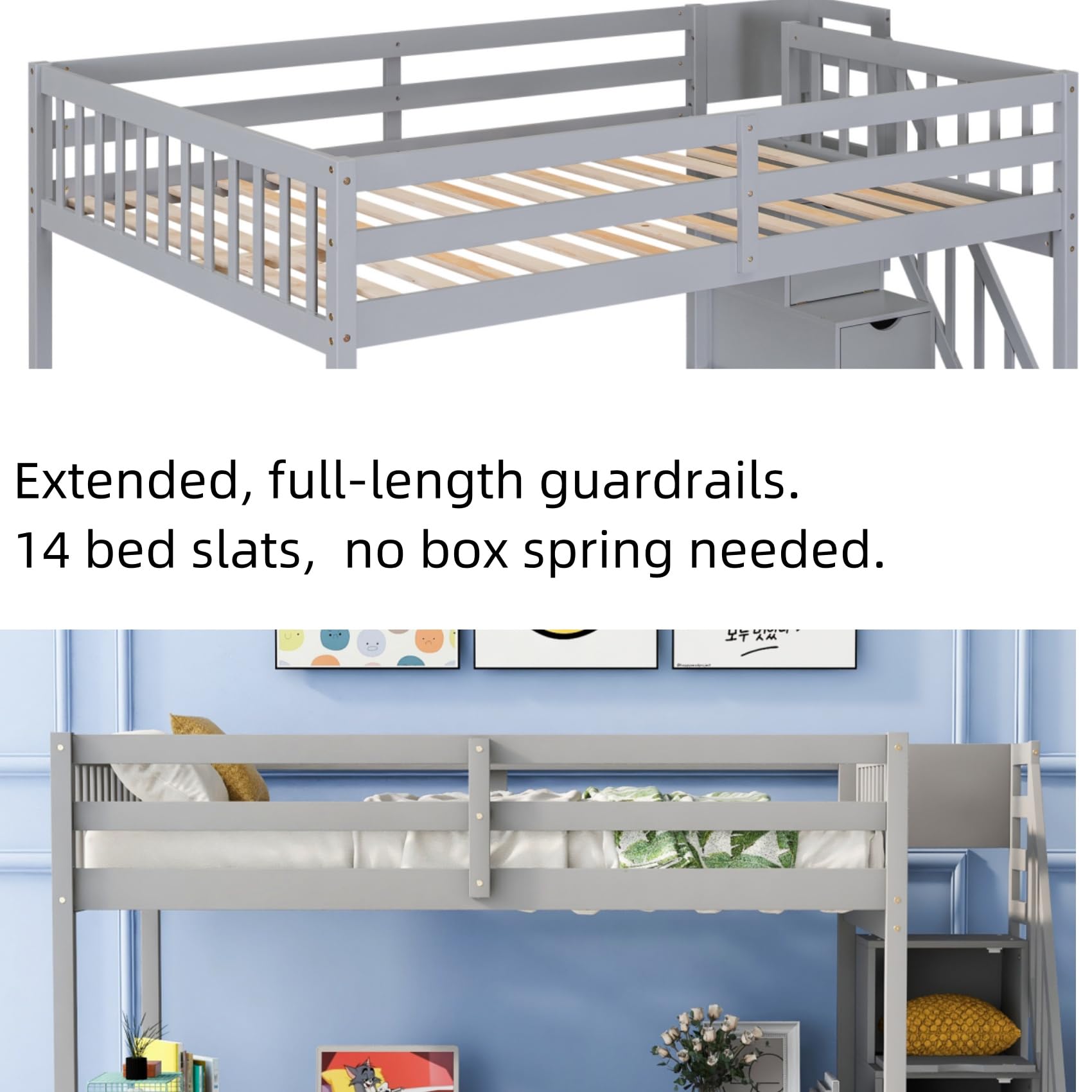 Merax Wood Full Size Loft Bed Frame with Built-in L Shaped Desk & 3 Storage Shelves & Attached Storage Stairs for Kids, No Box Spring Needed, Gray