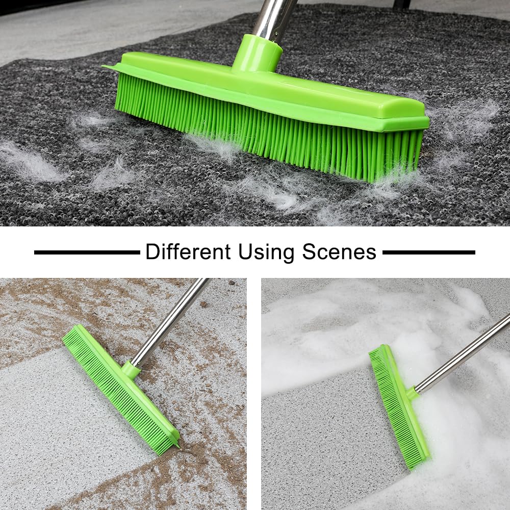 Rubber Broom and Dustpan Set,Pet Hair Removal Rubber Broom with Squeegee and Stainless Steel Dust Pan,Carpet Rake Push Broom and Dustpan for Fluff Hardwood Floor Tile (Green)